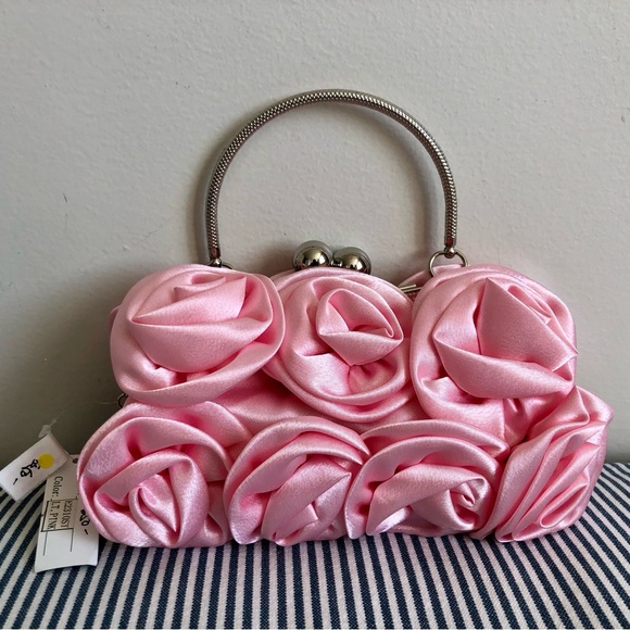 Bags | Pink Satin 3d Flowers Clutch With Beads Edge Metal Handle And ...